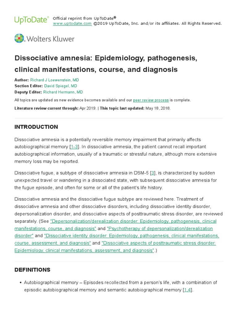 Dissociative Amnesia: Epidemiology, Pathogenesis, Clinical ...