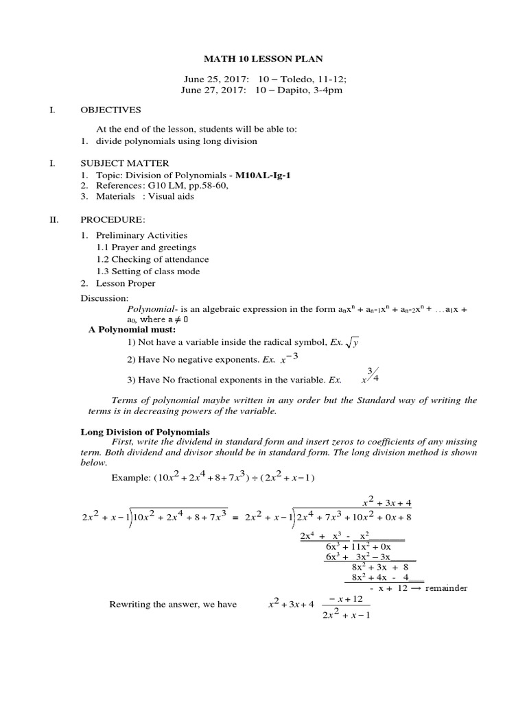 Long Division of Polynomials Lesson Plan | PDF | Division (Mathematics ...