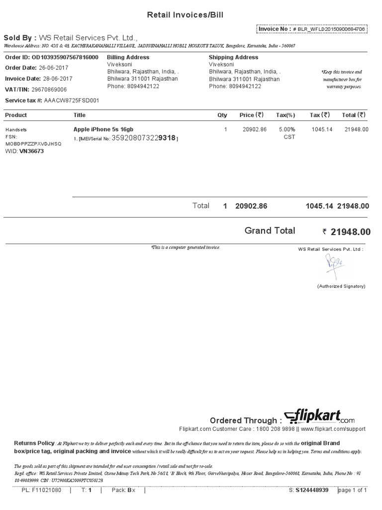 Iphone 5s 16gb Invoice | PDF | Retail | I Phone