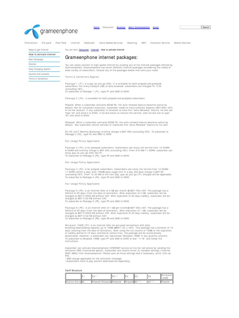 Grameenphone Internet Packages:: How To Activate Internet | PDF ...