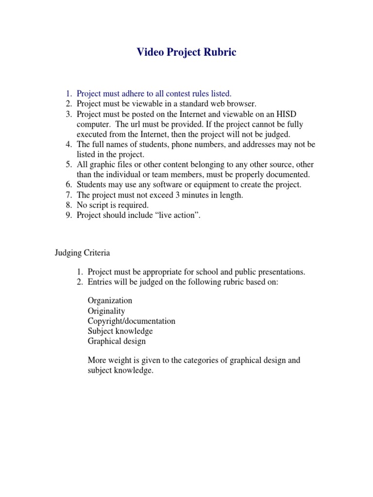 Video Project Rubric: 1. Project Must Adhere To All Contest Rules ...