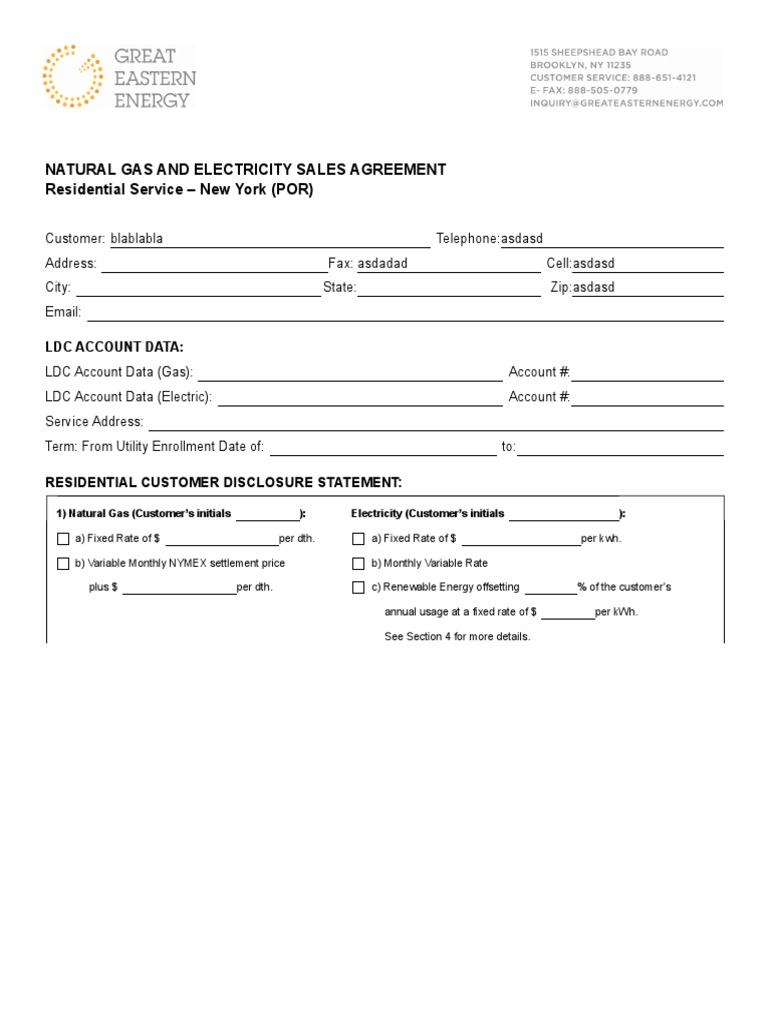 Natural Gas and Electricity Sales Agreement Residential Service - New ...