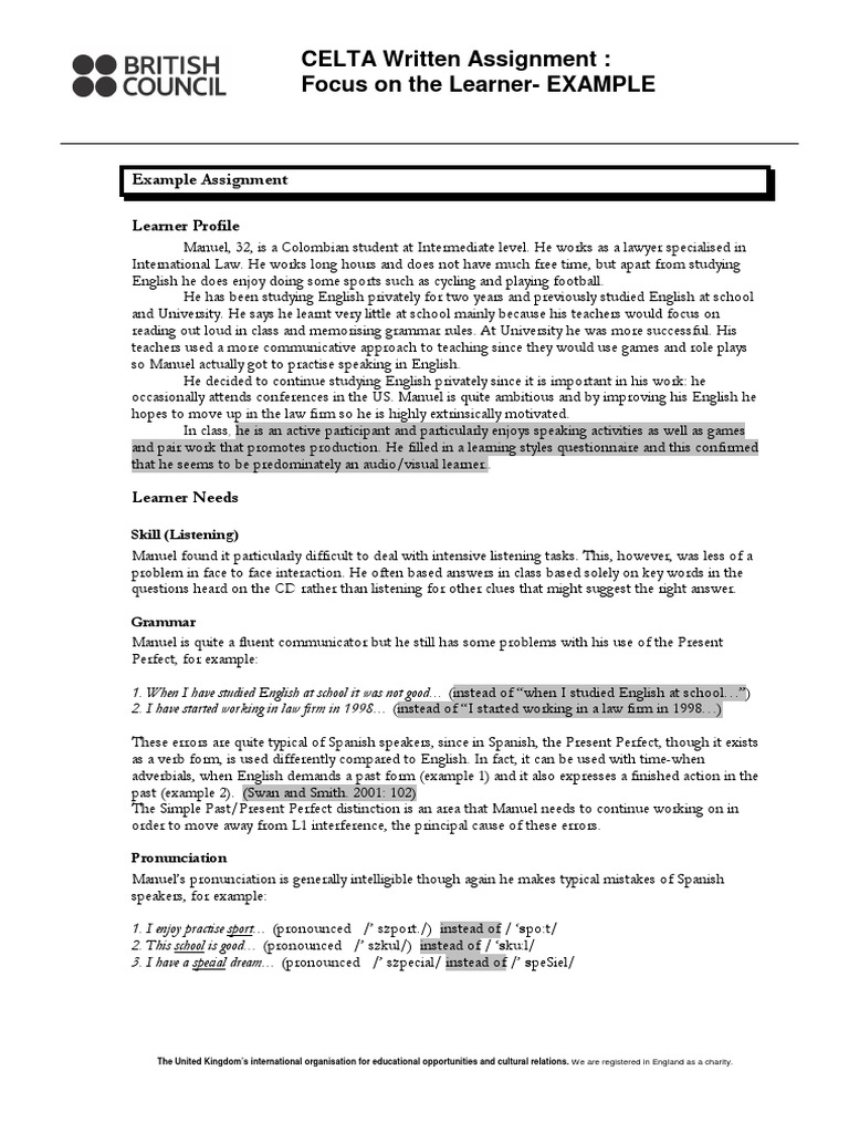 CELTA Written Assignment: Focus On The Learner-EXAMPLE | PDF | English ...