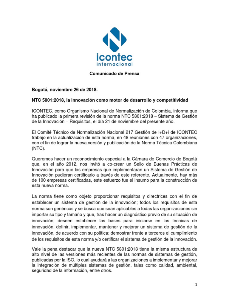 Comunicado de Prensa NTC 5801 - ICONTEC 2018 | PDF | Innovación | Economias