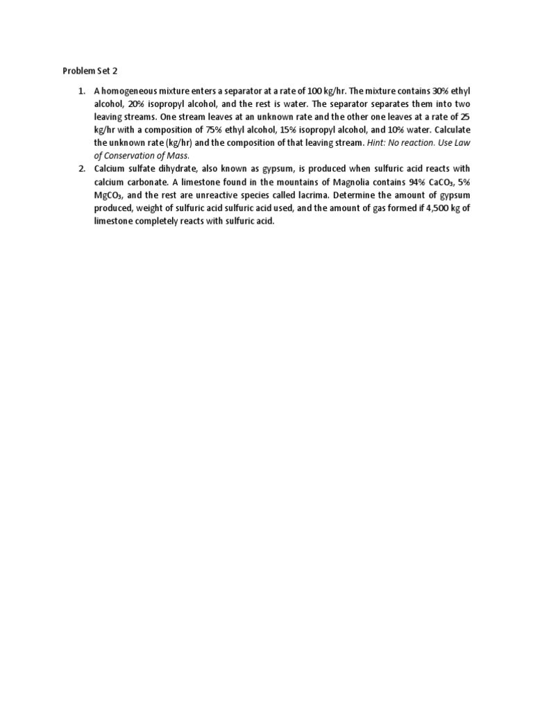 Mass Balance Problem Set | PDF | Science & Mathematics