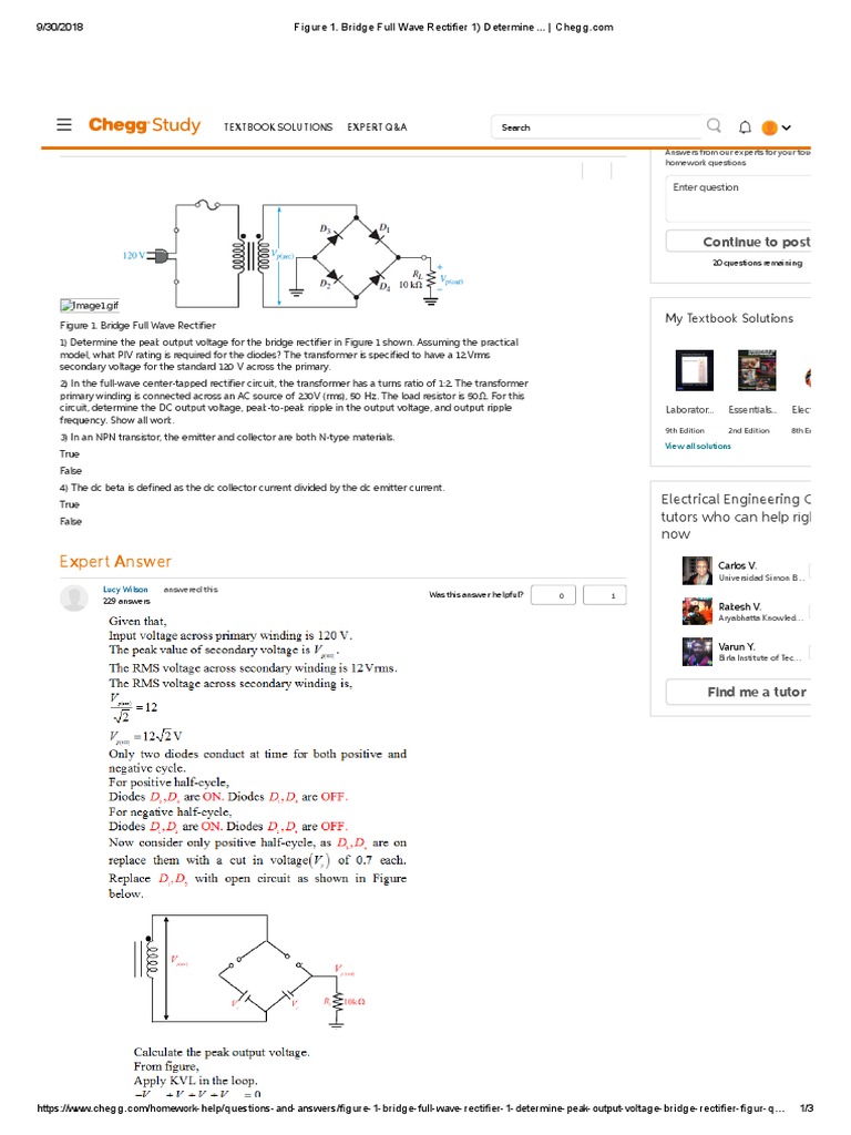 Bridge Full Wave Rectifier - Chegg | PDF | Rectifier | Bipolar Junction ...
