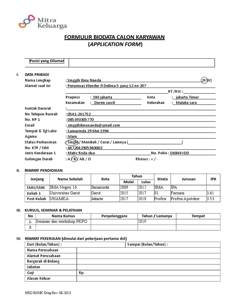 Formulir Biodata Calon Karyawan (Application Form) : HRD RSMK Grup Rev ...