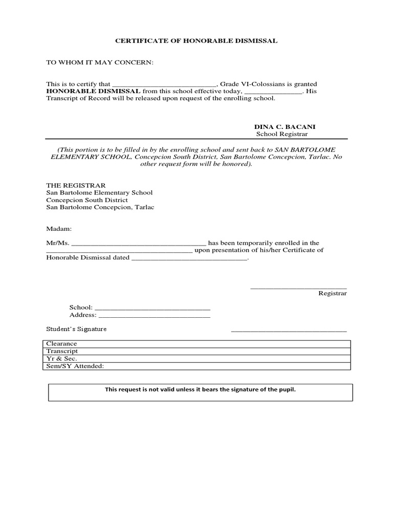 Certificate of Honorable Dismissal | PDF