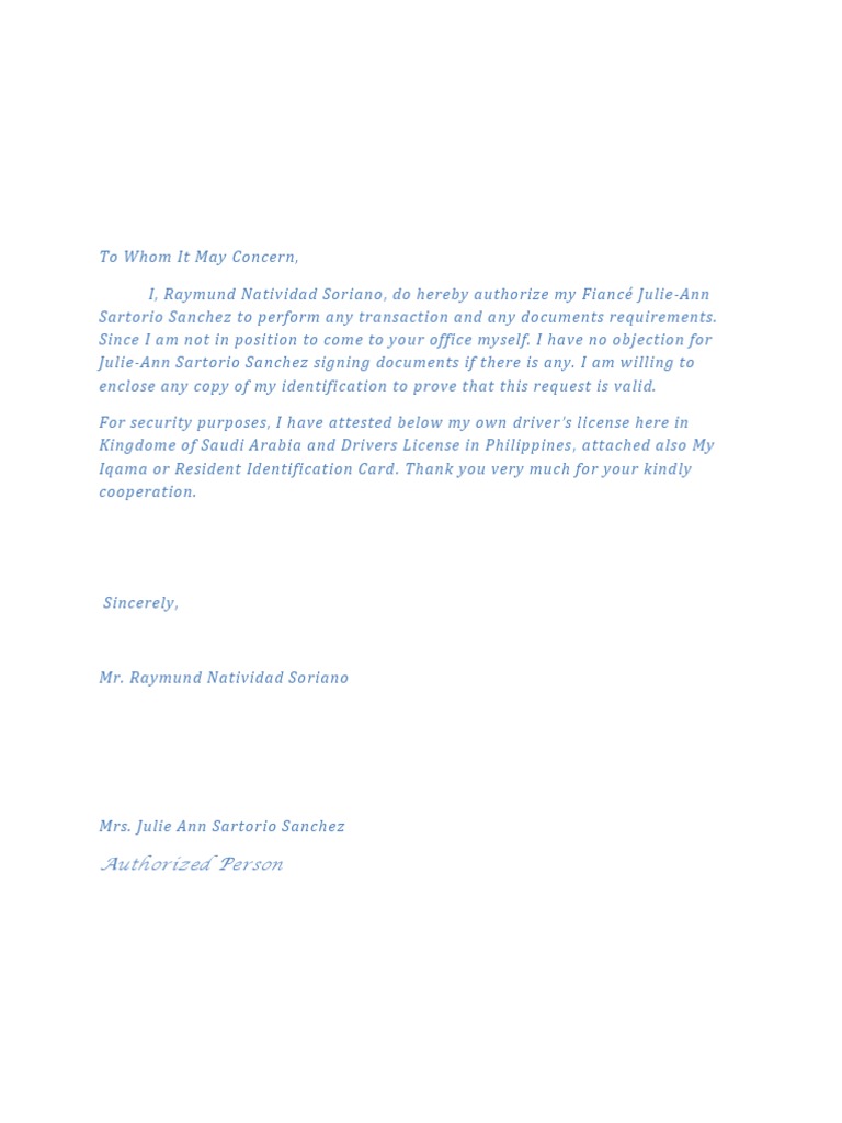Letter of Authorization: Granting Fiancé Power of Attorney for Document ...