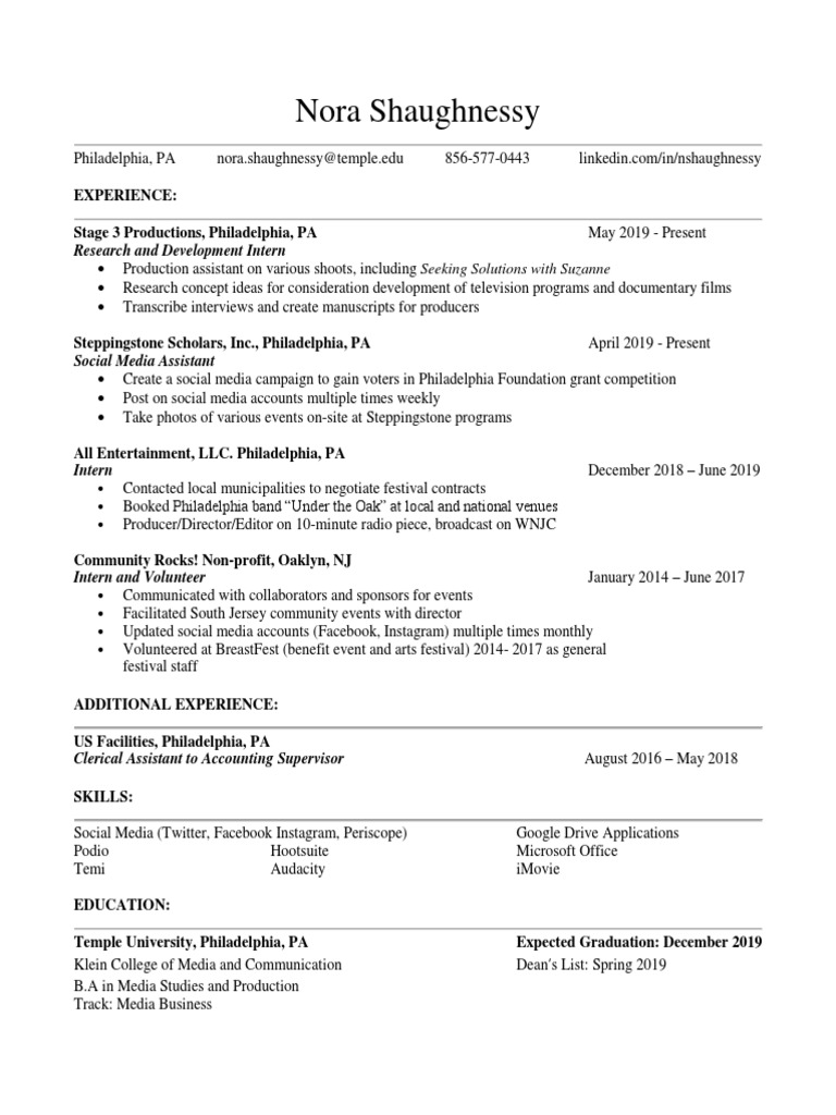 Nora Shaughnessy: Media Intern Profile | PDF | Social Science