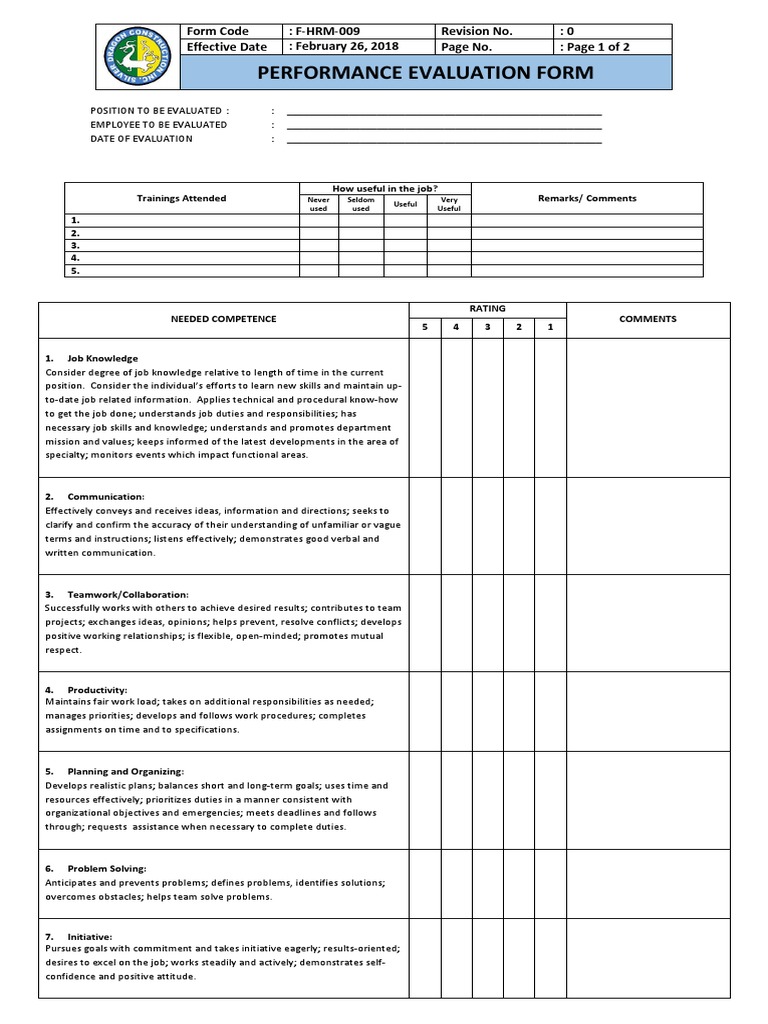 F-HRM-009 Performance Evaluation Form | PDF | Competence (Human ...