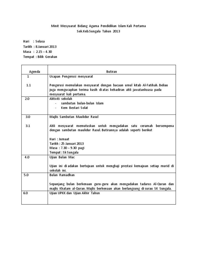 Minit Mesyuarat Bidang Agama Pendidikan Islam Kali Pertama | PDF