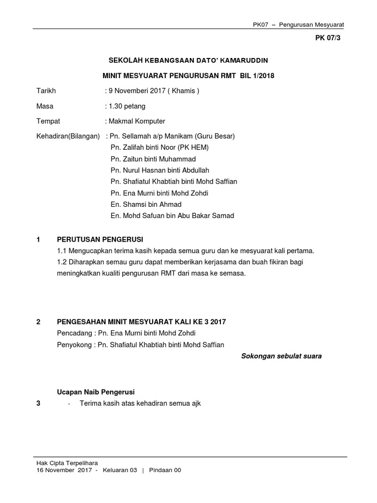 Minit Mesyuarat RMT Kali 2 2018 | PDF