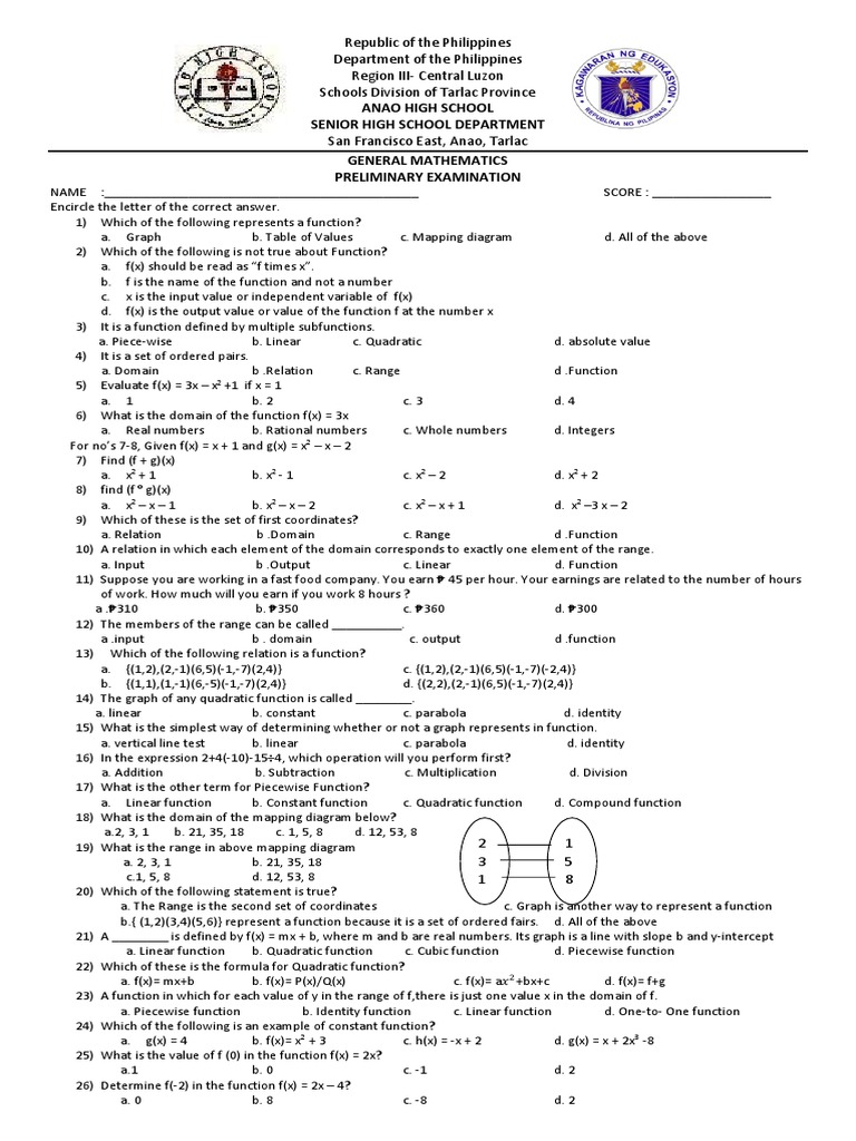 General Math 1st Quarter Exam | PDF | Celsius | Function (Mathematics)