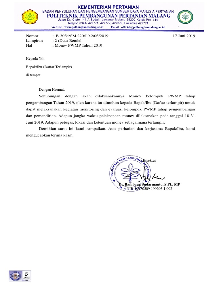 Surat Pemberitahuan Monev PWMP 2019 | PDF