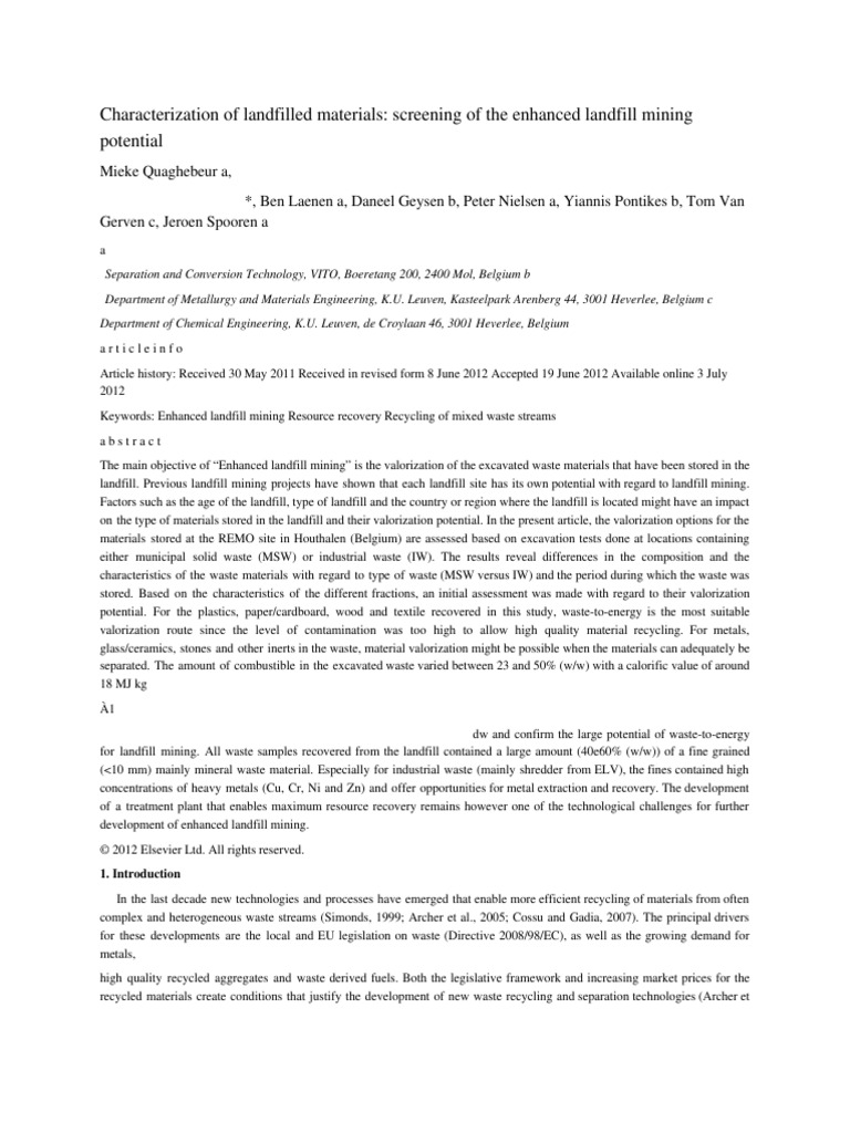 Characterization of Landfilled Materials Screening of The Enhanced ...