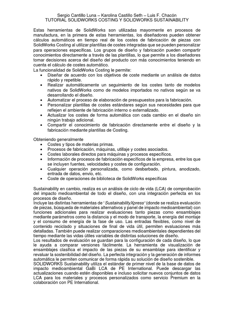 Tutorial SolidWorks Costing y Sustainability | PDF | Aluminio | Diseño