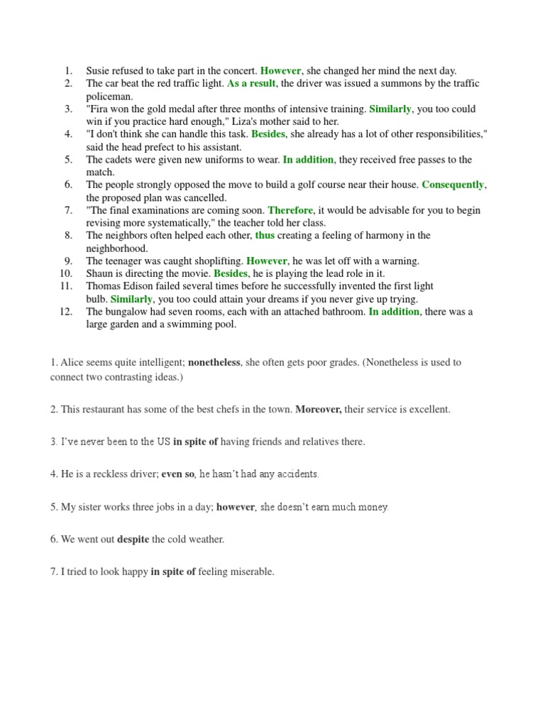 However As A Result Similarly Besides in Addition Consequently ...