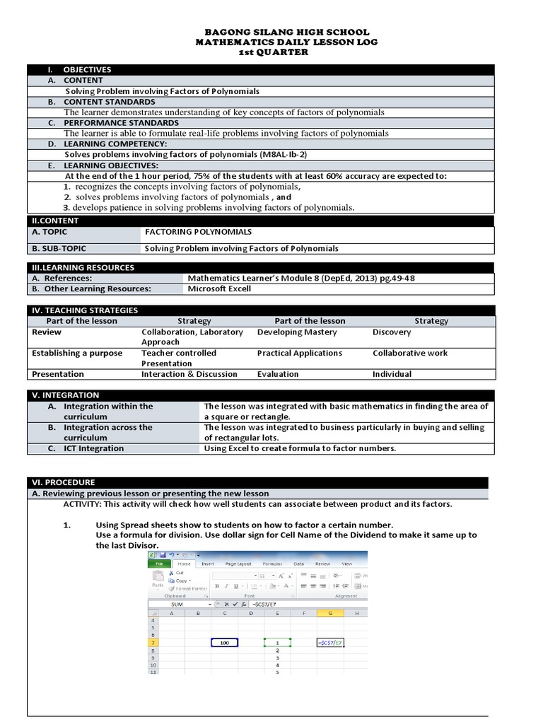 1920 - 0725 DEMO LESSON PLAN Problem Solving Factoring | PDF | Area | Lesson Plan