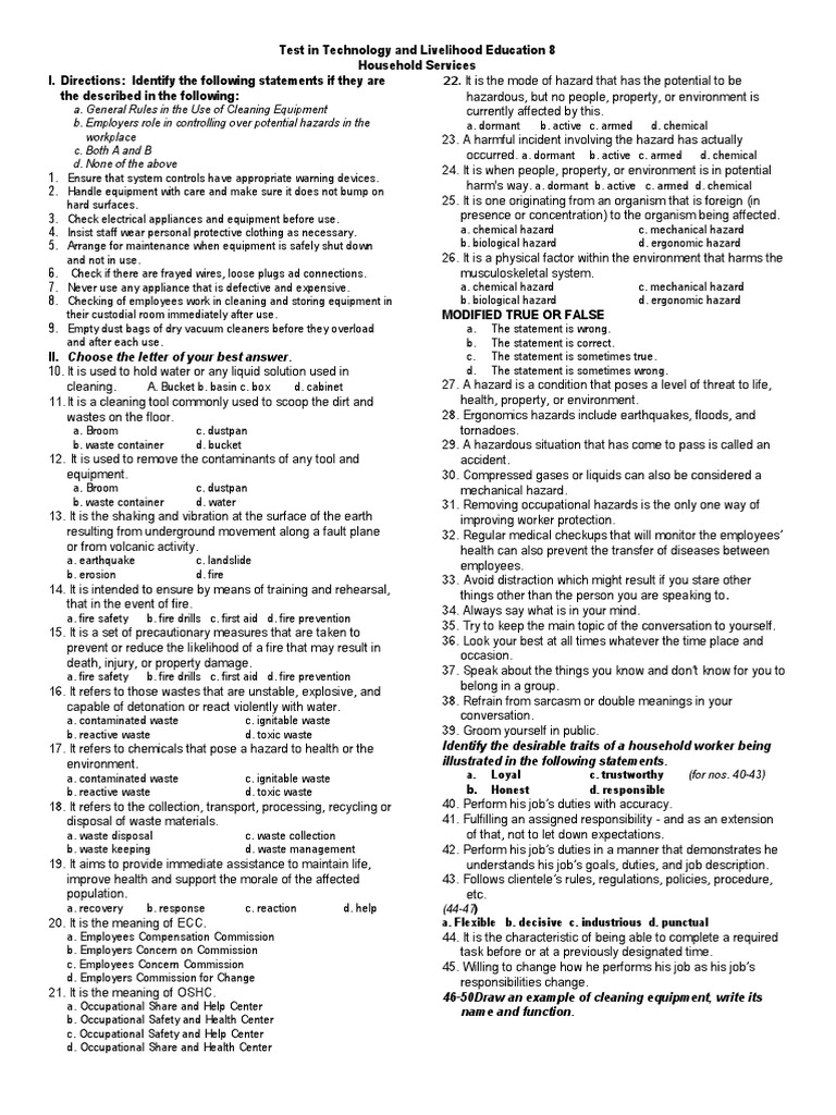 Periodical Test in Household Services | PDF | Hazards | Occupational ...