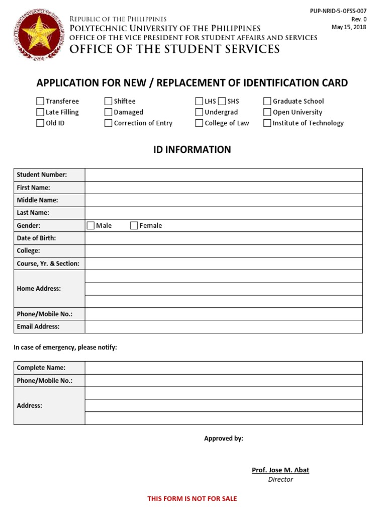 PUP OSS Form - Application For New or Replacement of ID PDF | PDF ...