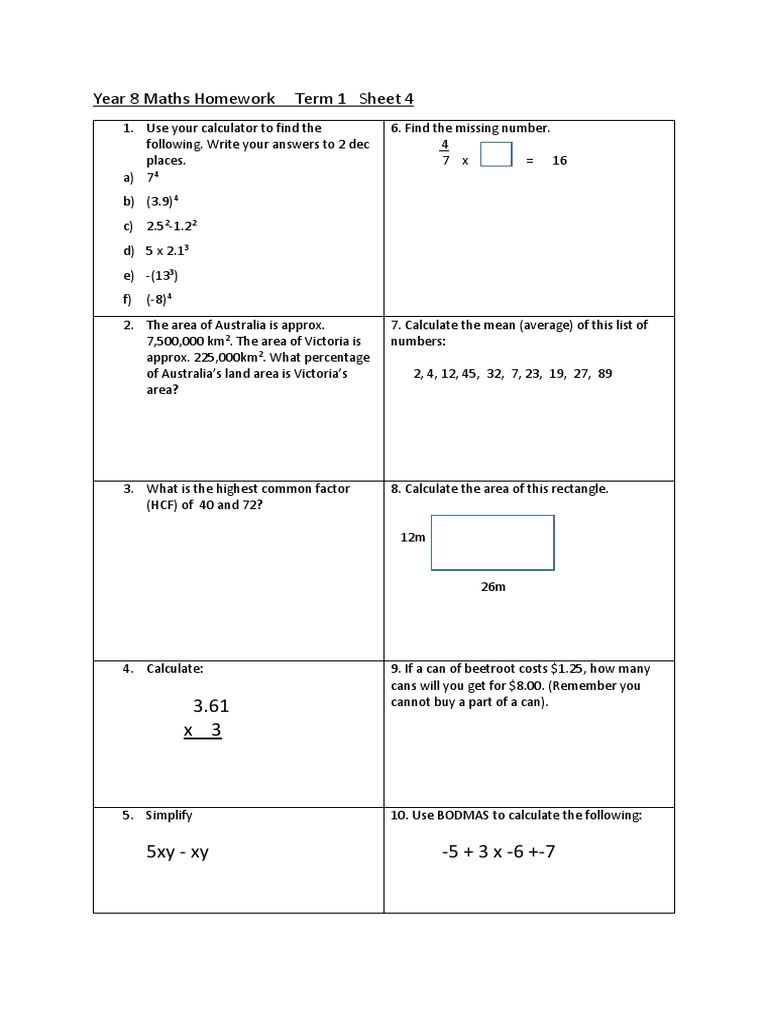 Year 8 Maths Homework Term 1 Sheet 4 | PDF