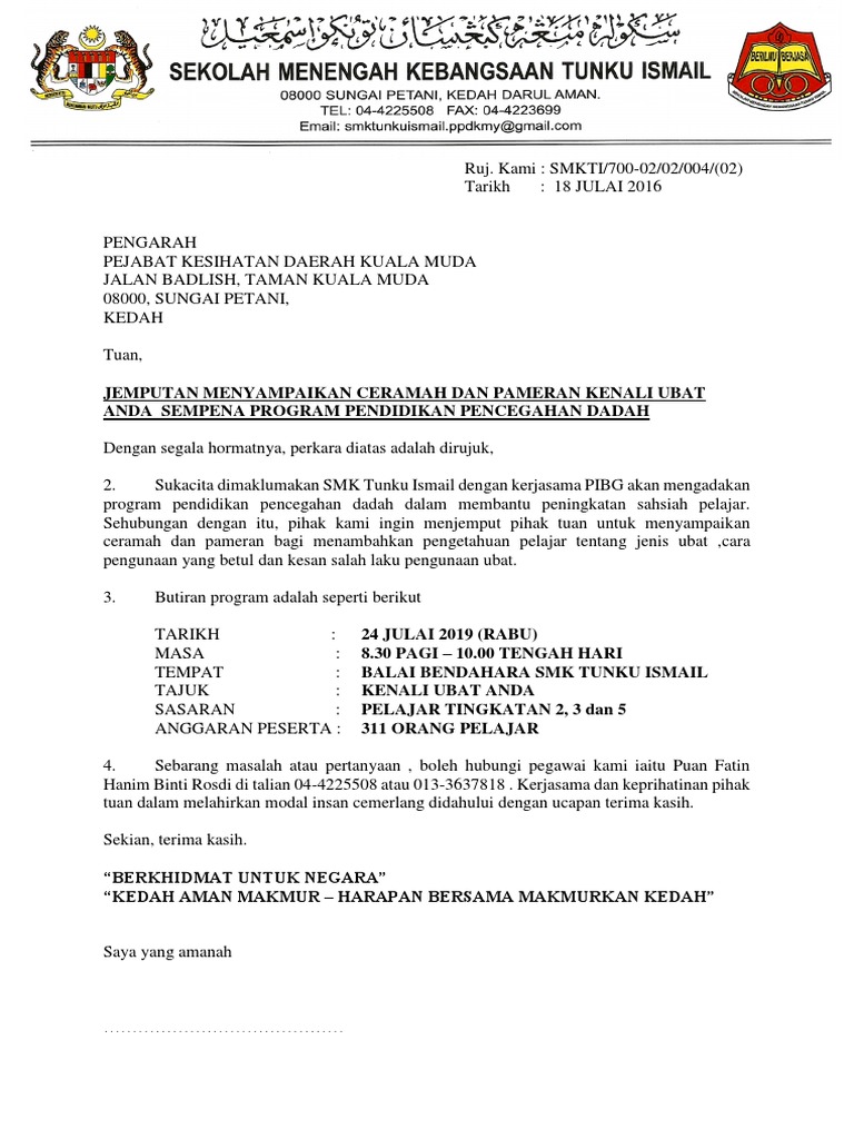 Surat Jemputan Kesihatan SMK Tunku Ismail 2019