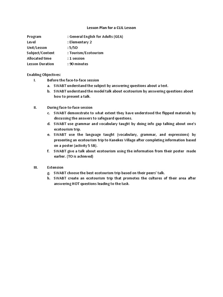 Lesson Plan For A CLIL Lesson | PDF