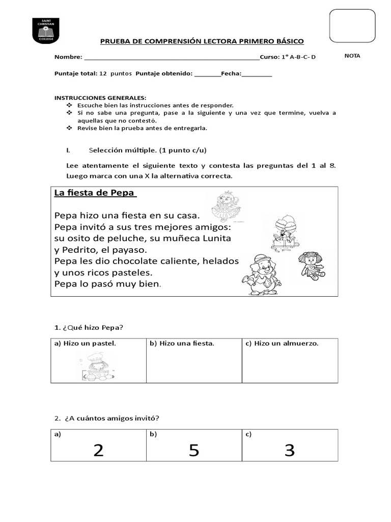 Prueba de Comprensión Lectora Primero Básico | PDF