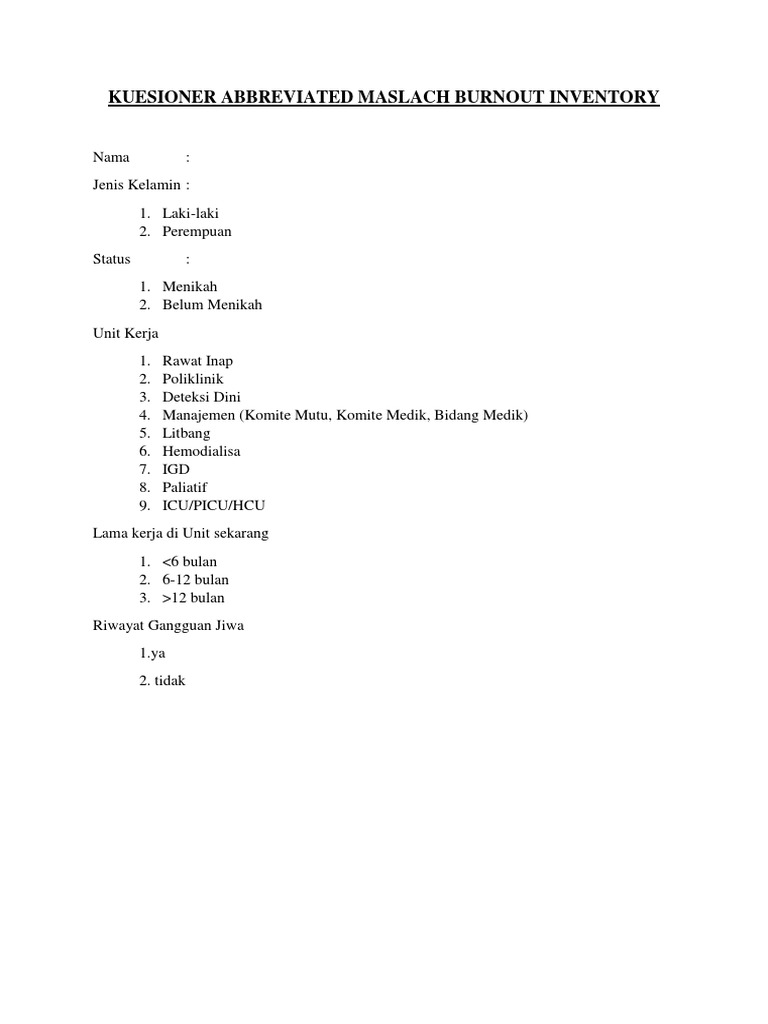 Kuesioner Abbreviated Maslach Burnout Inventory | PDF Kuesioner Abbreviated Maslach Burnout Inventory | PDF