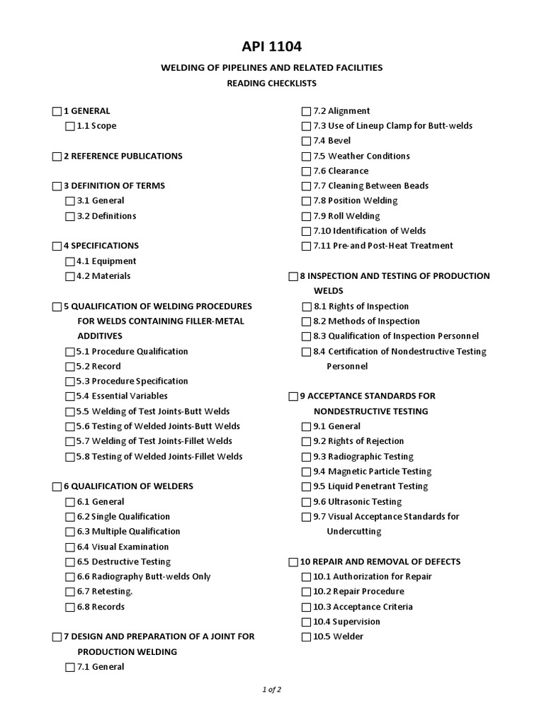API 1104 Reading Checklist | PDF | Nondestructive Testing | Welding