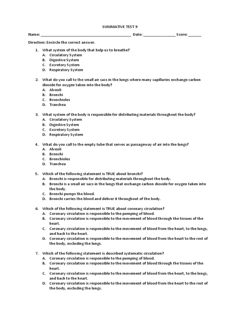 Summative Test Science 9 | PDF | Circulatory System | Heart