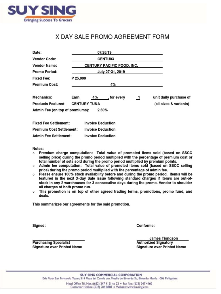 X Day Sale Promo Agreement Form | PDF