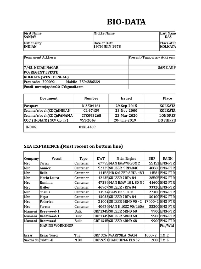 Bio Data | Download Free PDF | Merchant Navy | Watercraft