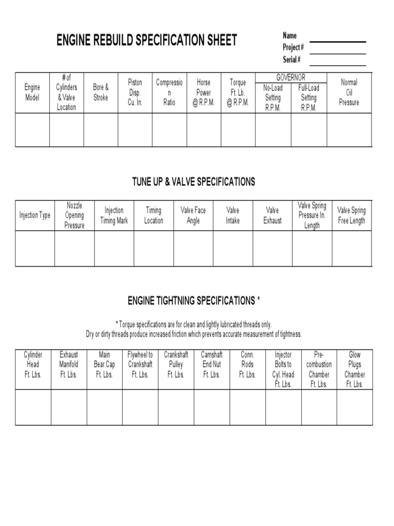 Engine Rebuild Specification Sheet | PDF | Fuel Injection | Vehicle ...