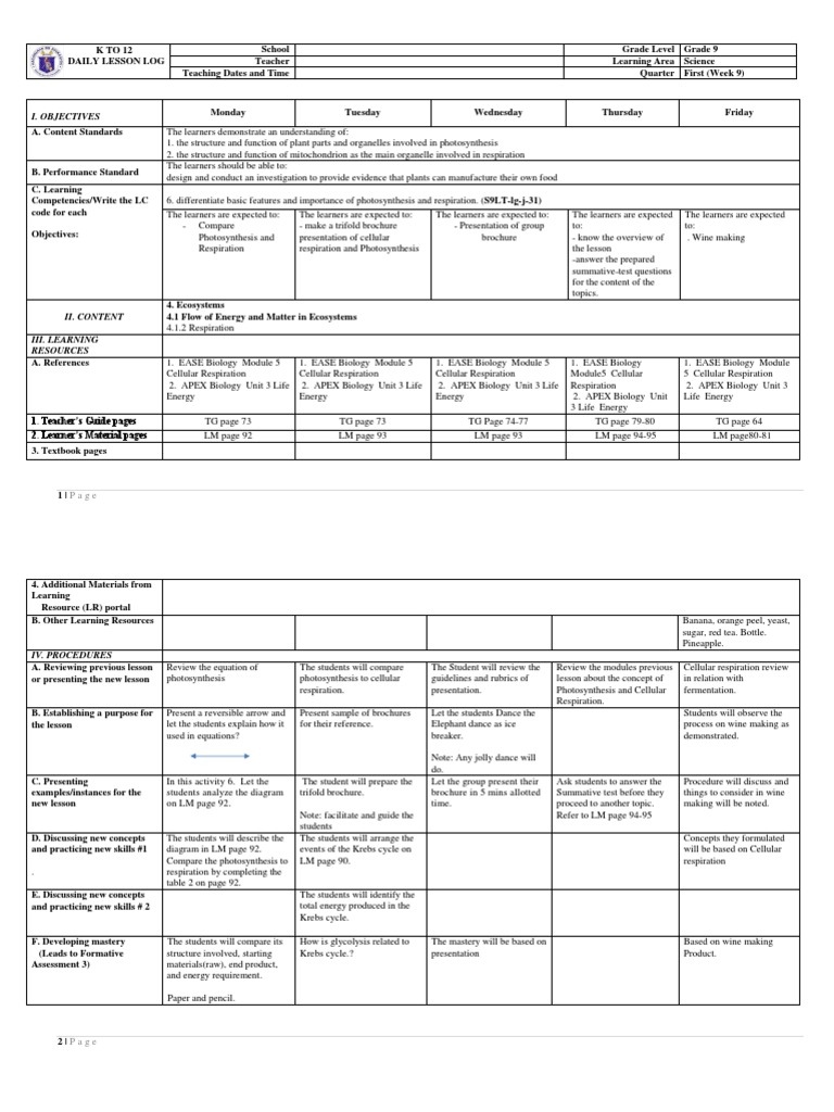 DLL Science Grade9 Quarter1 Week10 (Palawan Division) | PDF | Cellular Respiration | Citric Acid ...