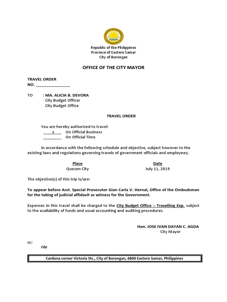 Office of The City Mayor: Travel Order NO. | PDF