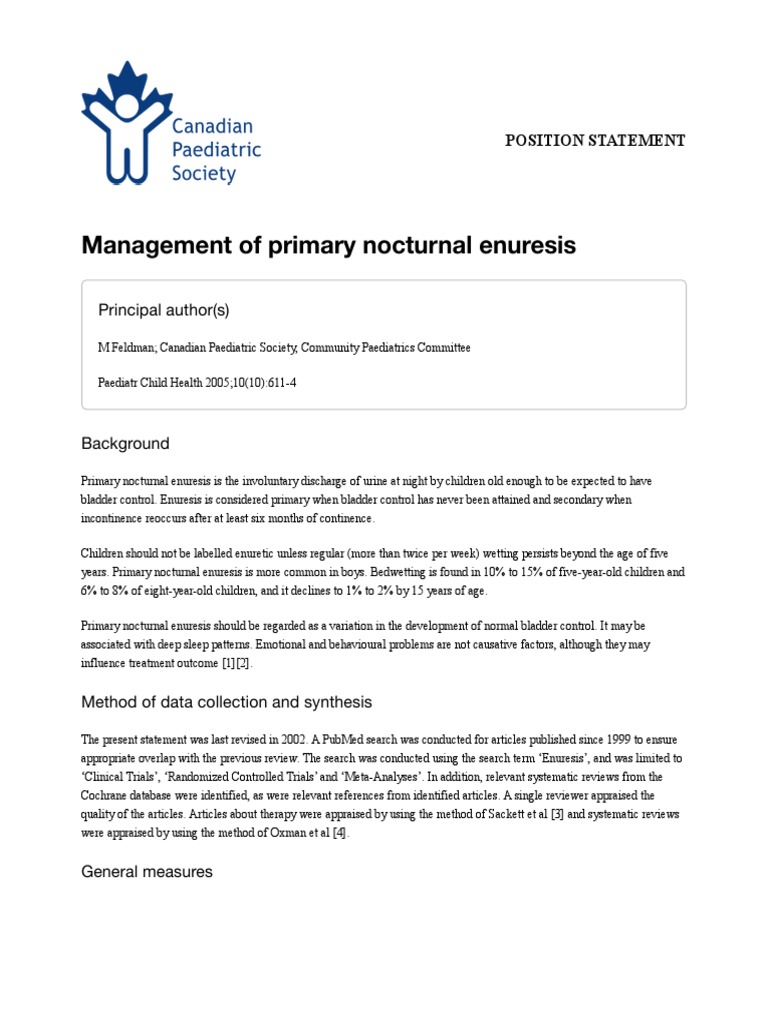Management of Primary Nocturnal Enuresis | PDF | Nocturnal Enuresis ...