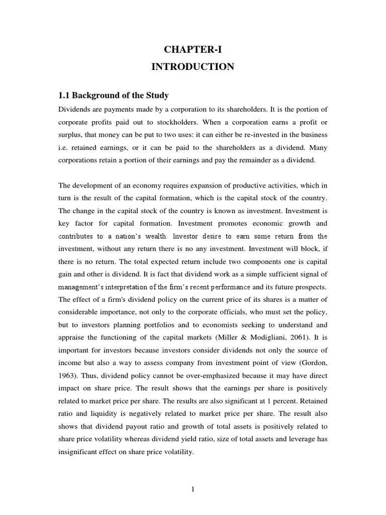 Chapter-I: 1.1 Background of The Study | PDF | Dividend | Stocks
