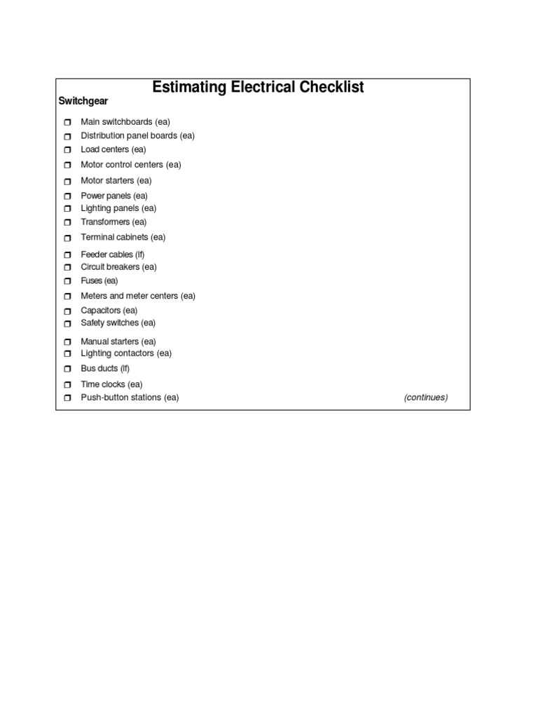 Estimating Electrical Checklist PDF | PDF | Switch | Electrical Wiring