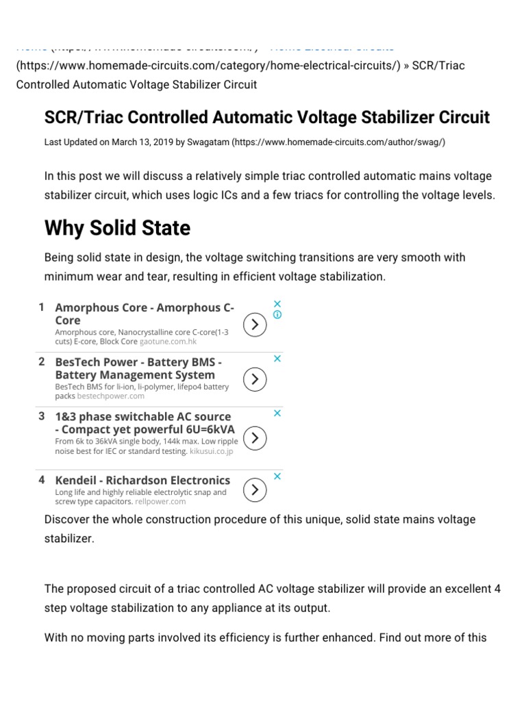 SCR - Triac Controlled Automatic Voltage Stabilizer Circuit - Homemade Circuit Projects | PDF ...