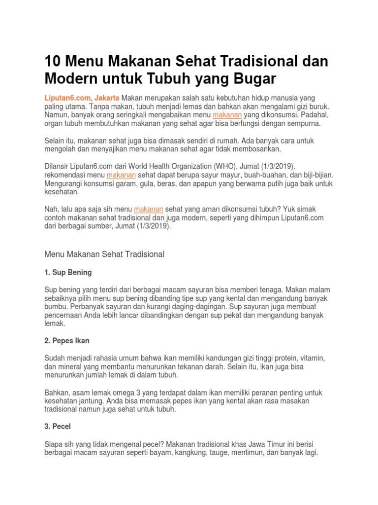 10 Healthy Traditional and Modern Food Menus for a Fit Body | PDF