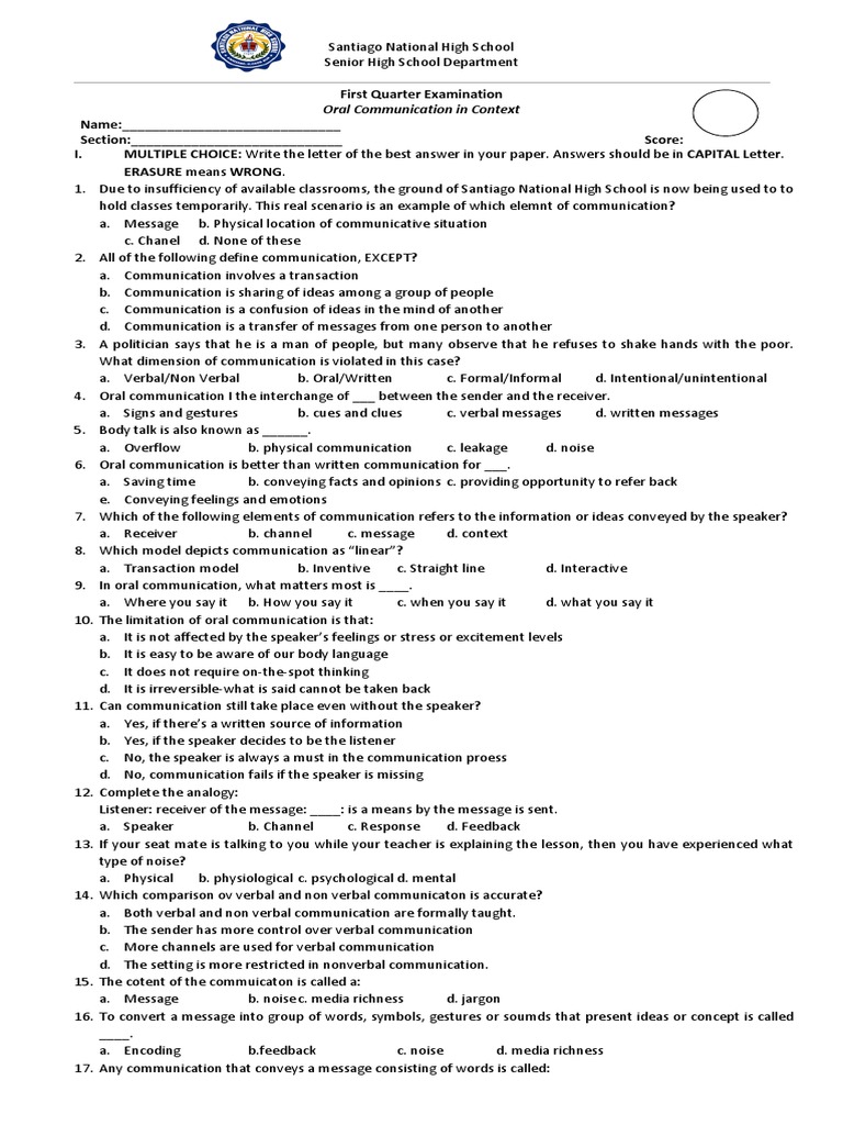 Oral Communication Exam Overview | PDF | Nonverbal Communication ...