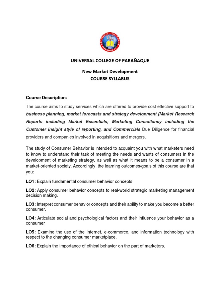 Universal College of Parañaque New Market Development Course Syllabus | PDF