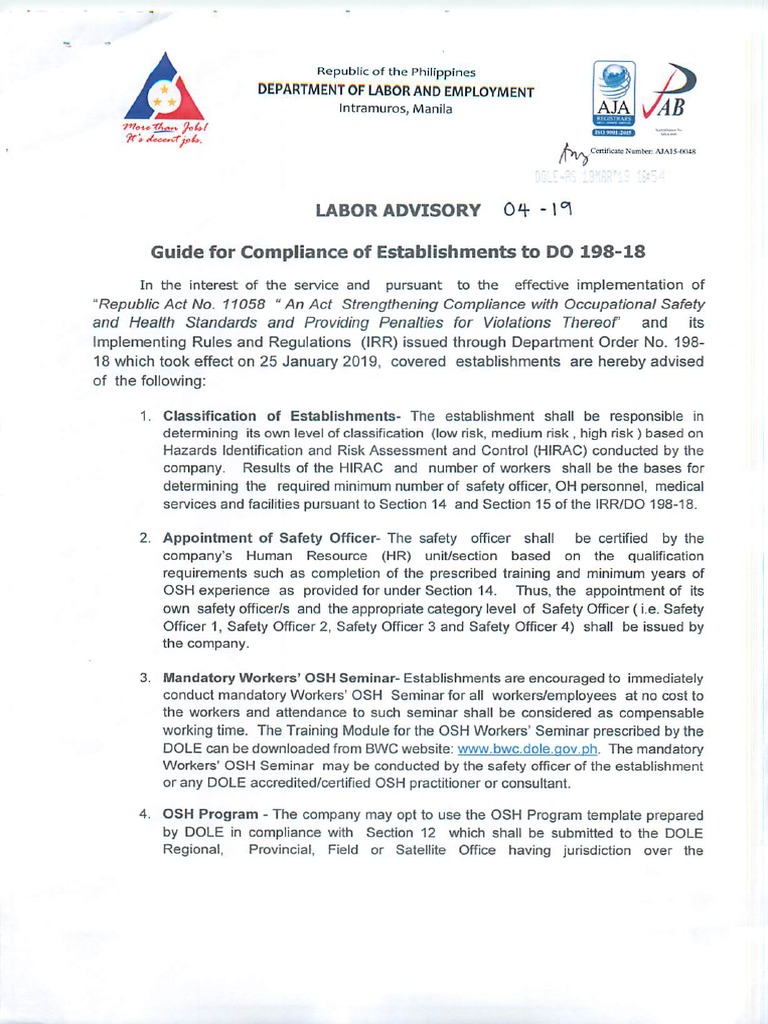 4 DOLE Labor Advisory 04-19 Guide Compliance To DO-198-18 | PDF