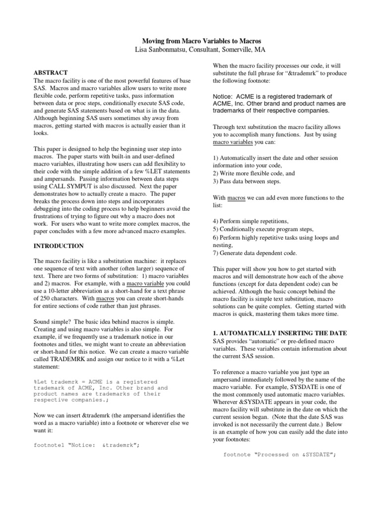 Lisa Sanbonmatsu, Consultant, Somerville, MA: Moving From Macro Variables To Macros | Download ...