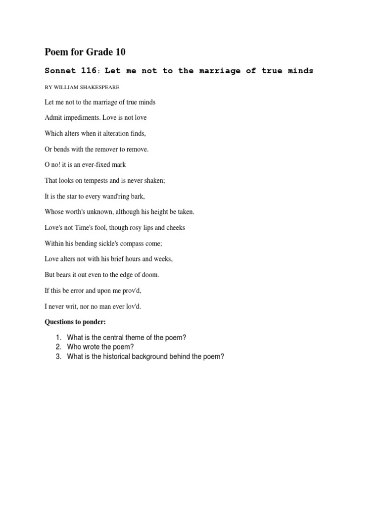 Poem For Grade 10: Sonnet 116 Let Me Not To The Marriage of True Minds ...