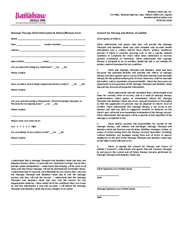 Massage Therapy Consent and Waiver Form | PDF | Massage | Consent