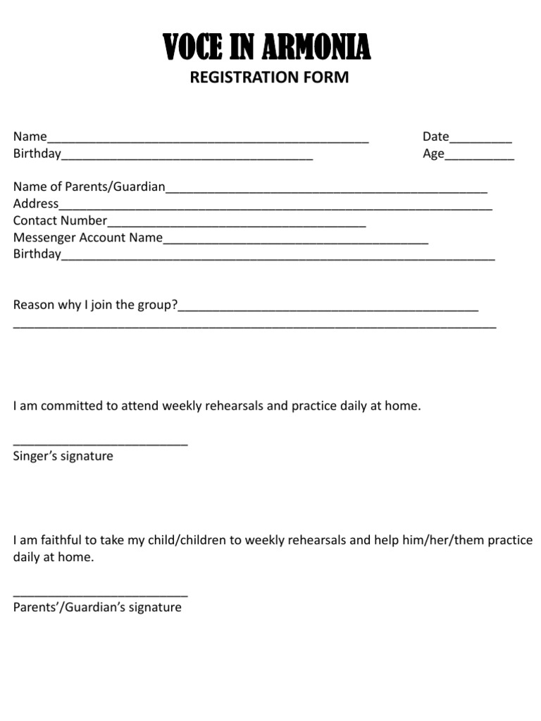 Registration for the Voce in Armonia singing group - providing personal ...