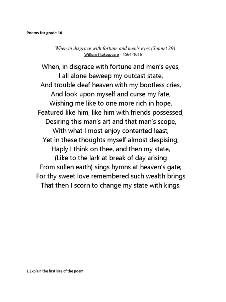 When in Disgrace With Fortune and Men's Eyes (Sonnet 29) : Poems For ...